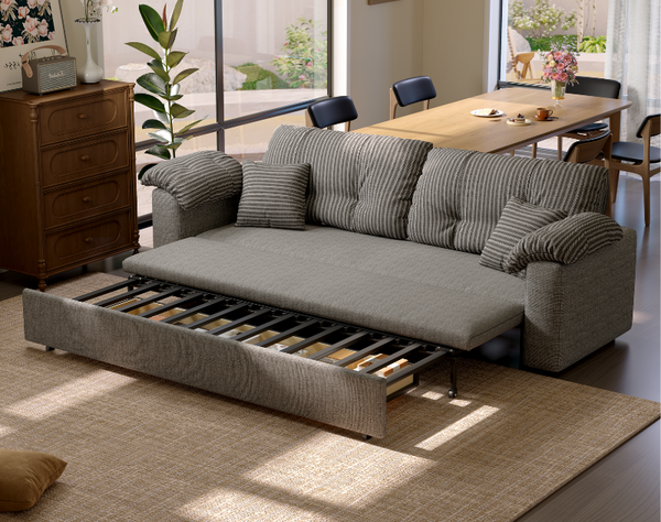 Cream Solid Wood Soft Sofa Bed for Limited Space with Throw Pillows