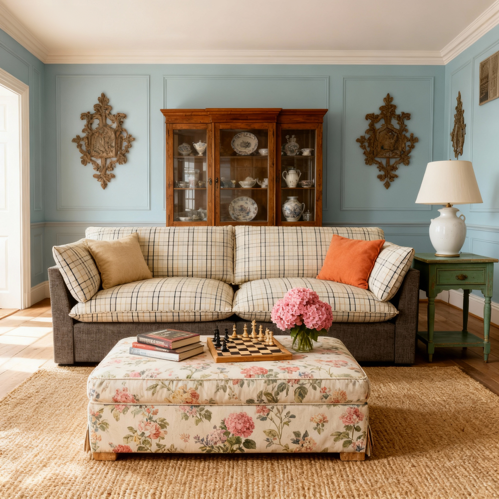 British Retro Check & Striped Sofa with Removable Covers