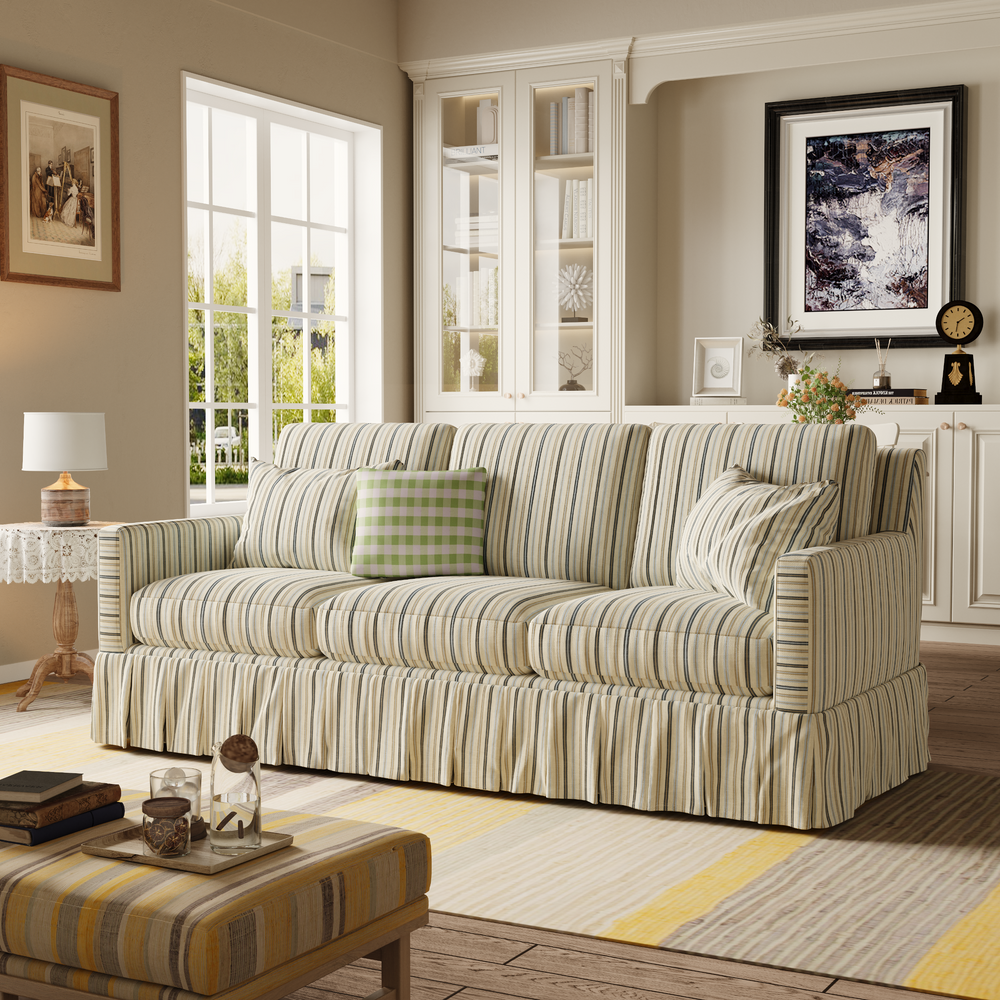Elegant 3 Seater Striped Sofa with Removable Covers and Skirted Base
