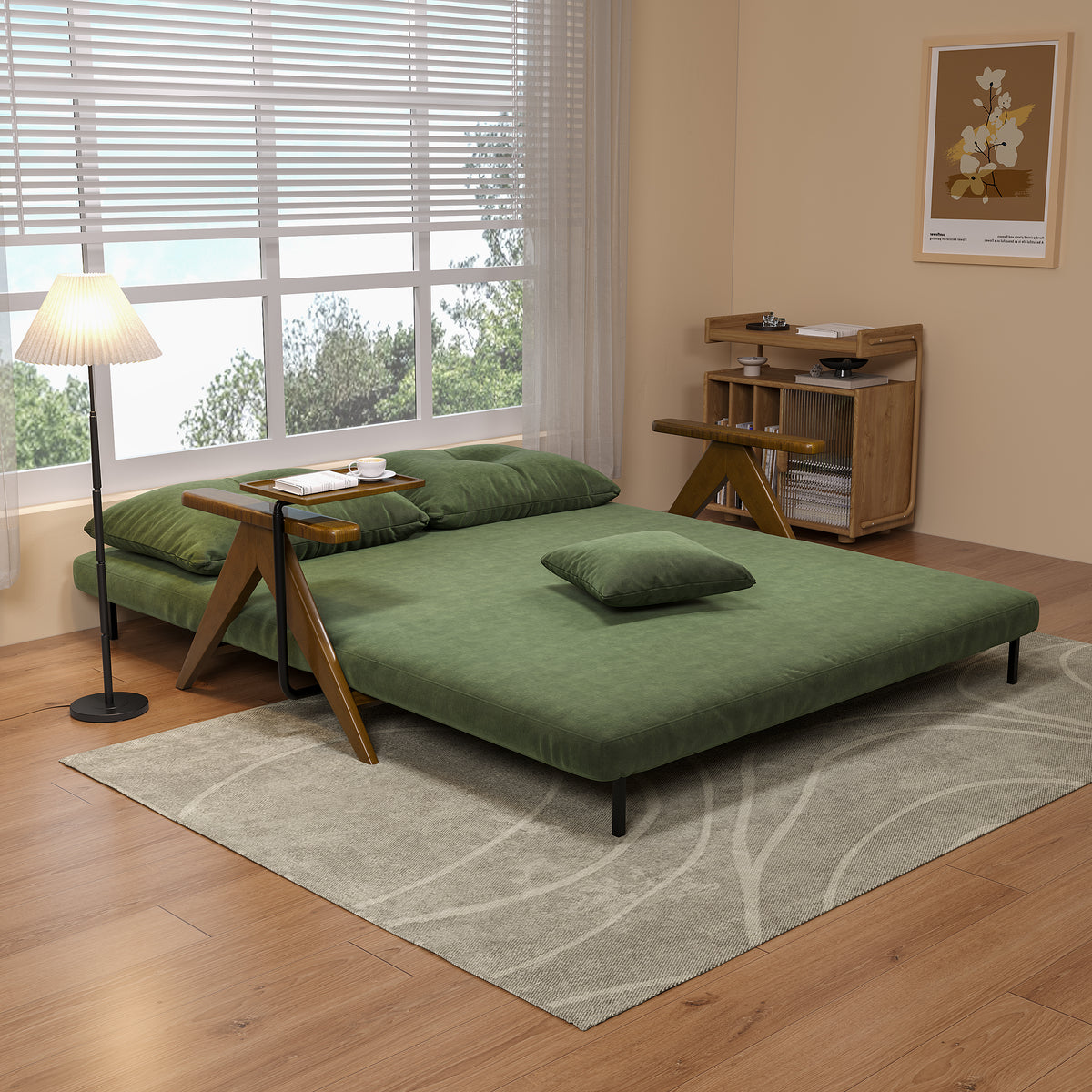 Foldable Matte Fabric Solid Wood 3 Mode Sofa Bed