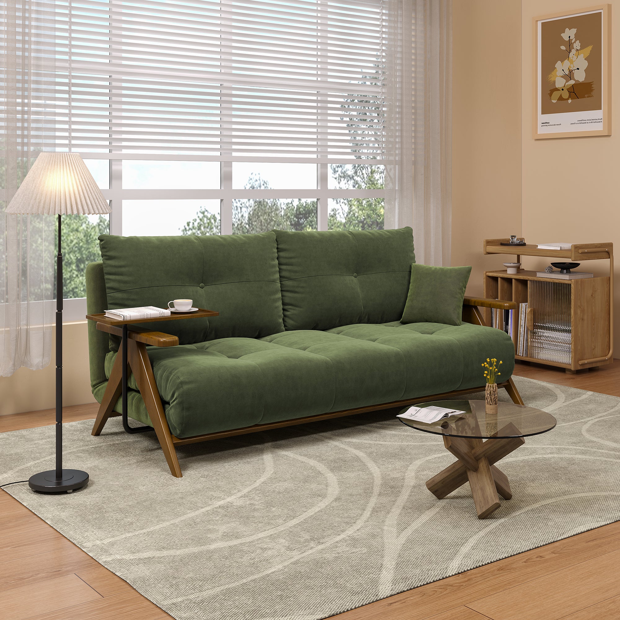 Foldable Matte Fabric Solid Wood 3 Mode Sofa Bed