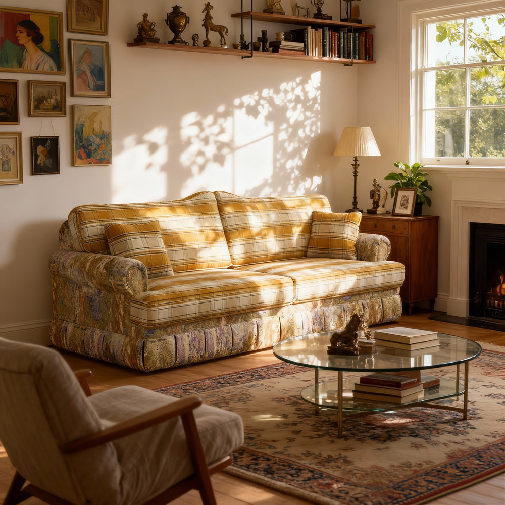Cottonfy Heritage Plaid Skirted Sofa with Concealed Storage Drawers